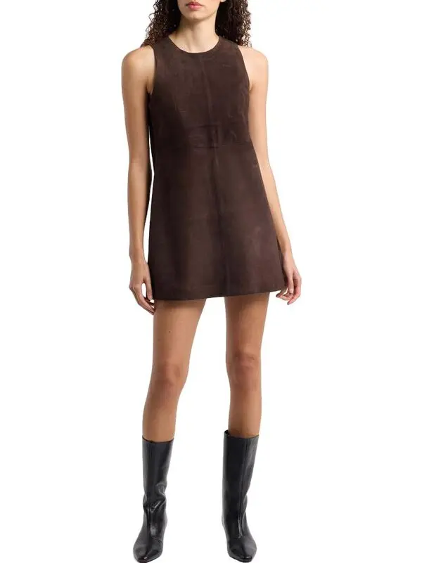 Theory Leather Sleeveless Shift Minidress - Cacao