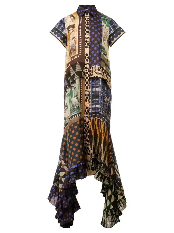 Biyan Patchwork Ruffled Midi Dress - Brown