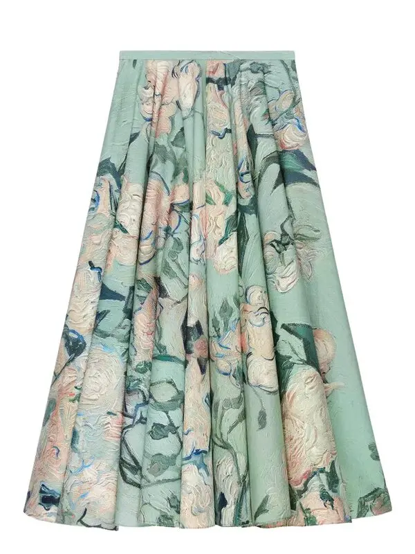 Givenchy Long Circular Skirt In Poplin With Roses Print - Green
