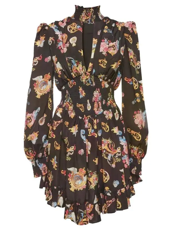 Versace Versailles Print Smocked Mini Dress - Black