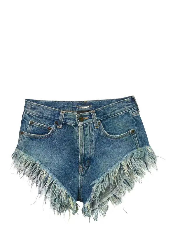 Saint Laurent Feather-trim Denim Shorts - Blue