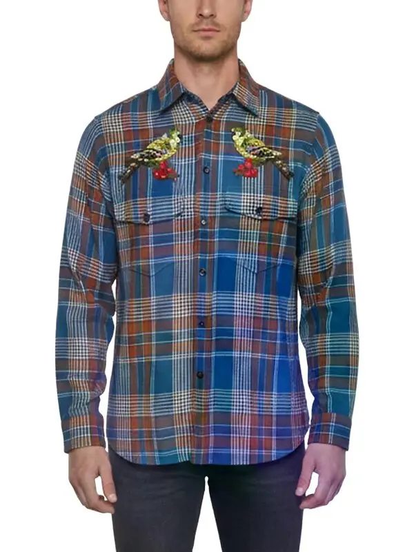Gucci Bird-embroidered Plaid Shirt - Blue