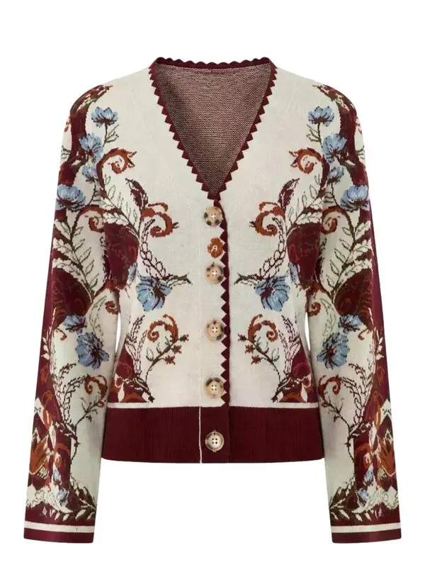 Farm Rio Floral-intarsia Scalloped Cardigan - Neutrals
