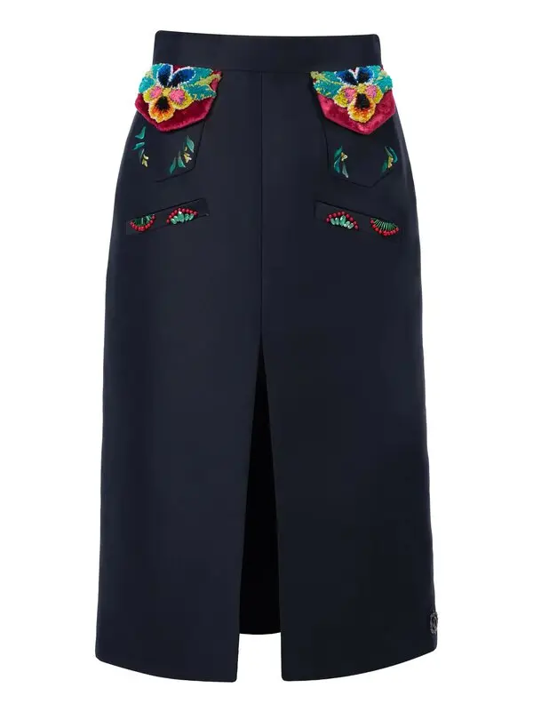 RONDOOZ Hand Painted Satin Midi Skirt With Antique French Gobelin Tapestry & Hand Applied Embellishment - Black