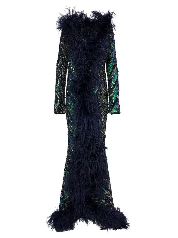 TALLER MARMO Hollywood Disco Feather-trimmed Gown - Multicoloured