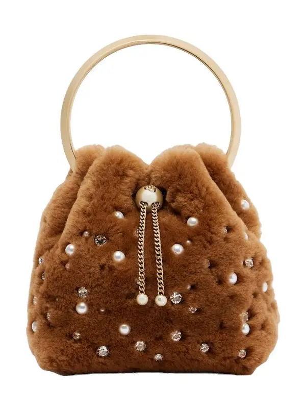 JIMMY CHOO Bon Bon Small Shearling Bucket Bag - Brown