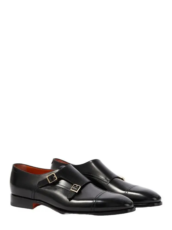 Santoni Leather Monk Strap Shoes - Black