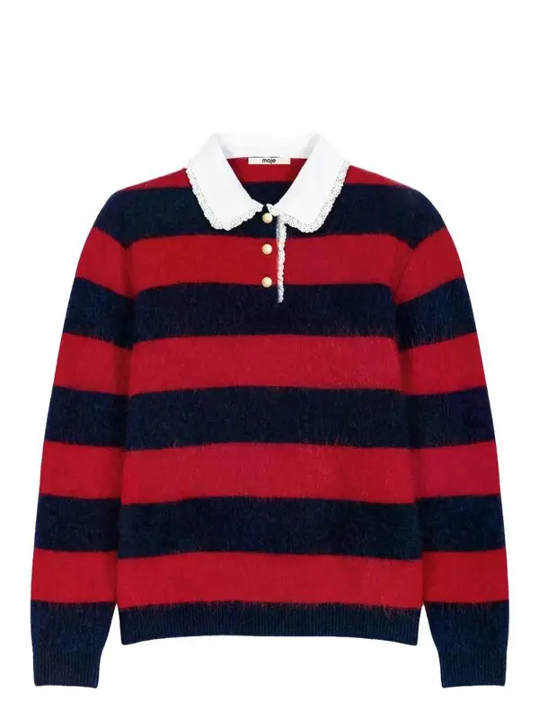 Maje Fluffy Jumper With Poplin Collar - Blue