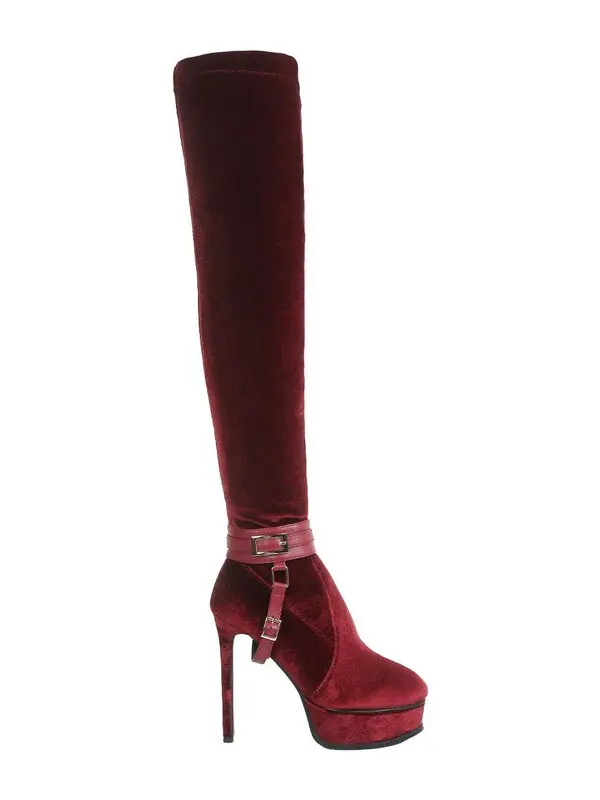 RAG & CO Bison High Platform Heeled Long Boots In Burgundy By - Red