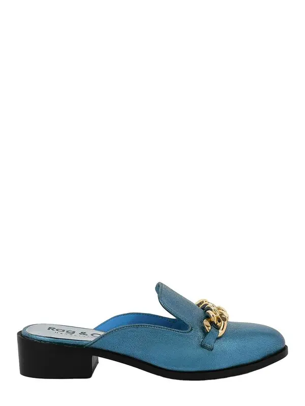 RAG & CO Aksa Chain Embellished Metallic Leather Mules In By - Blue