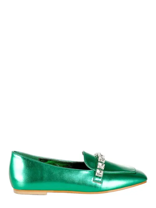 RAG & CO Celosia Metallic Diamante Strap Loafers In By - Green