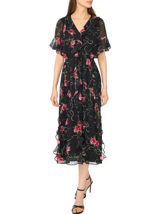CECE DUPRAZ Flutter Sleeve V-neck Midi Dress - Rich Black
