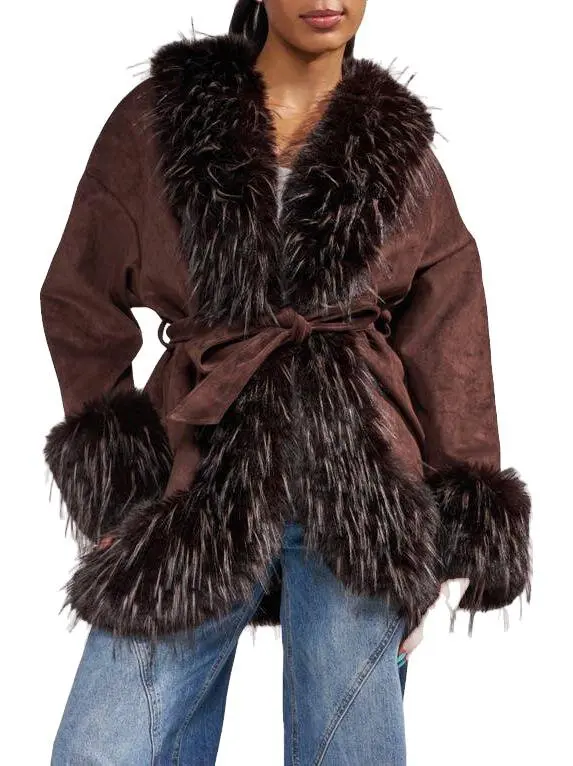 AZALEA WANG Maelle Faux Fur Trim Faux Leather Jacket - Espresso