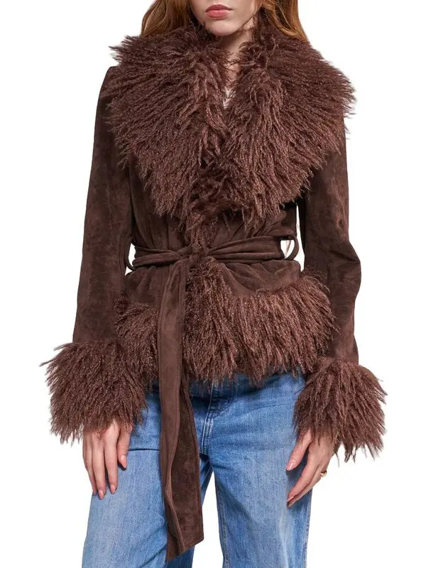 AZALEA WANG Tori Faux Fur Trim Trench Coat - Chocolate