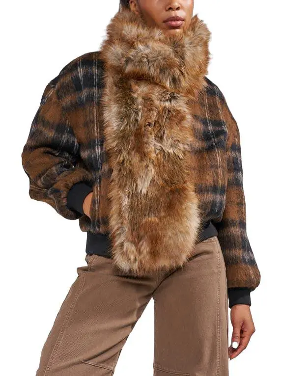 AZALEA WANG Maddy Faux Fur Trim Bomber Jacket - Brown
