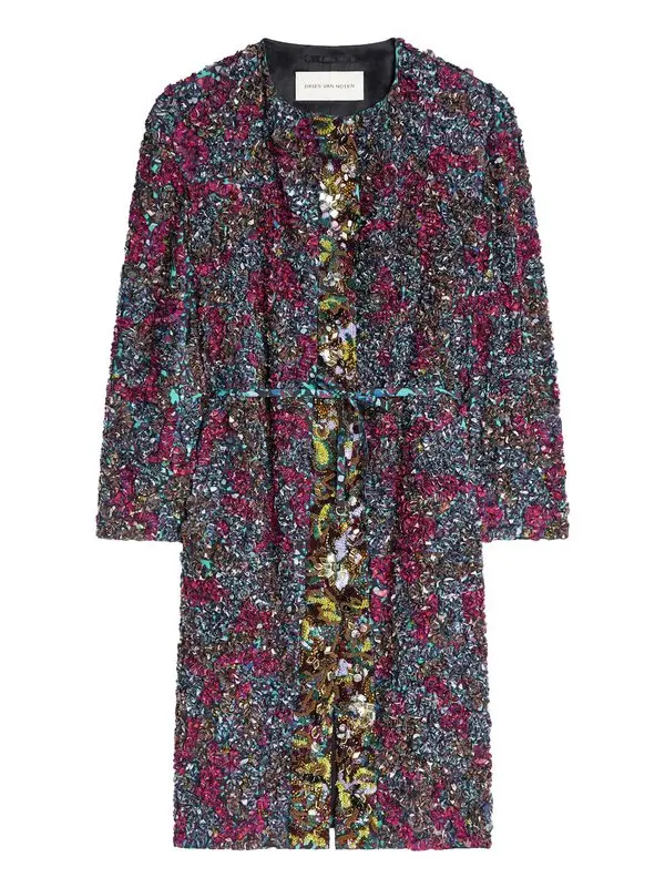 Dries Van Noten Embroidered Coat With "marbled Clay" Prints In Petrol - Multi