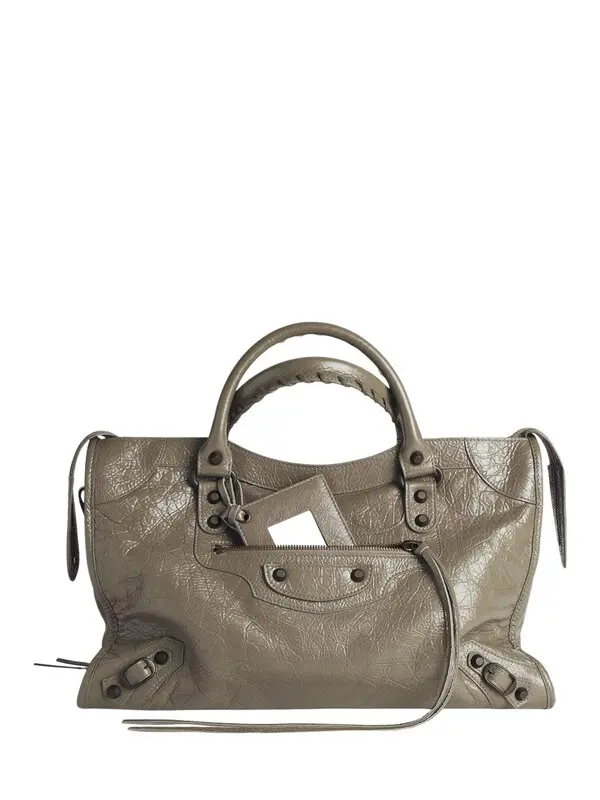 Balenciaga Crinkled Leather Top-handle Bag With Whipstitch Trim, Adjustable Strap & Removable Mirror - Green