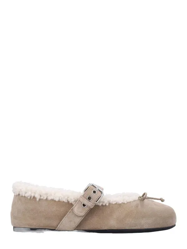 Miu Miu Mini Ballerina Flats In Suede And Shearling With Buckled Strap - Desert