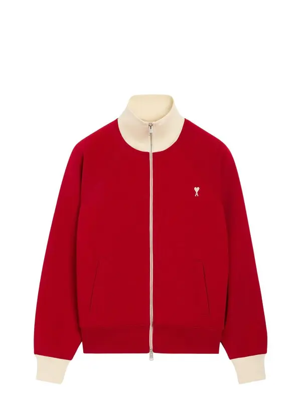 AMI Paris Quota Bicolor Zipped Sweatshirt With Off White De Coeur Embroidery 'vert Bouteille/ Ivoire - Green