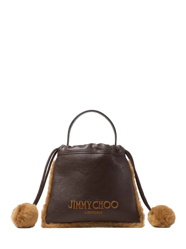 JIMMY CHOO Drawstring Pouch Top Handle Chocolate And Toffee Biker Leather And Shearling Drawstring Pouch With Pom-poms - Chocolate/toffee/ecru