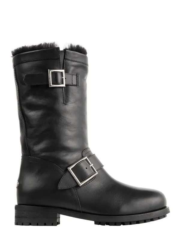 JIMMY CHOO Biker Mid Shiny Calf Leather Biker Mid Boots With Shearling Lining - Black
