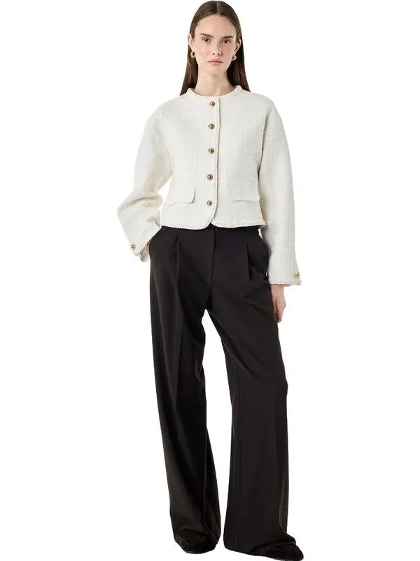 Koton Crew Neck Long Sleeve Tweed Jacket With Jeweled Buttons - Ecru