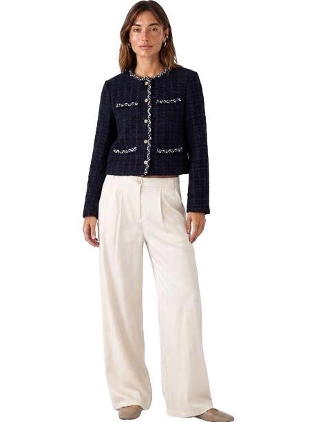 Koton Crew Neck Long Sleeve Tweed Jacket - Navy