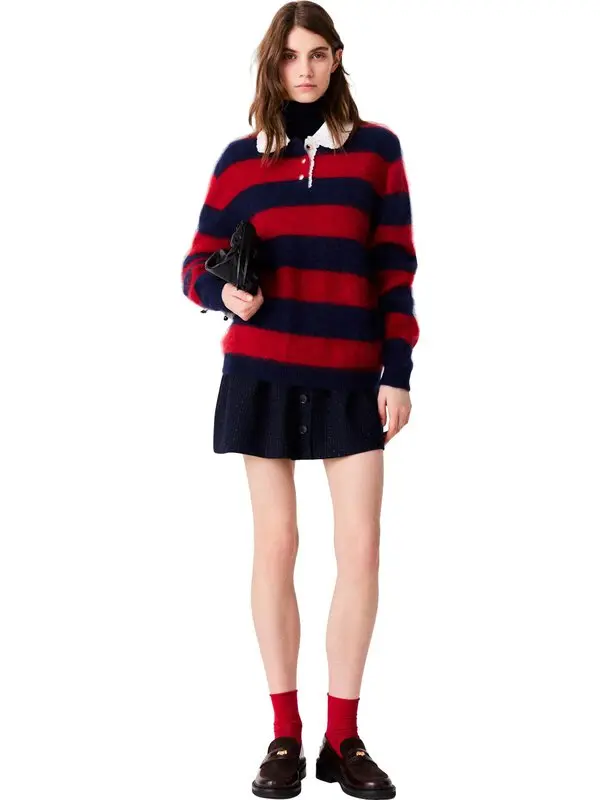 Maje Fluffy Sweater With Poplin Collar - Navy/red