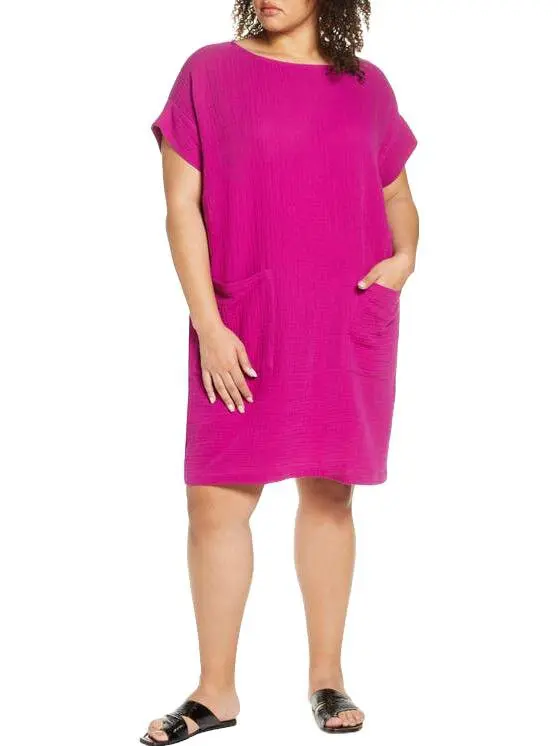 Eileen Fisher Ballet Neck Organic Cotton Shift Dress - Cerise