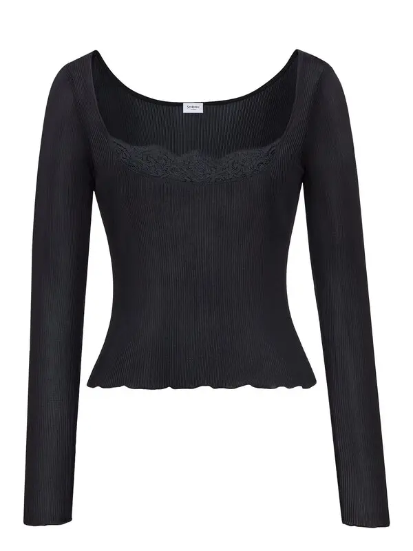 Saint Laurent Laced Cardigan In Ribbed Silk - Black