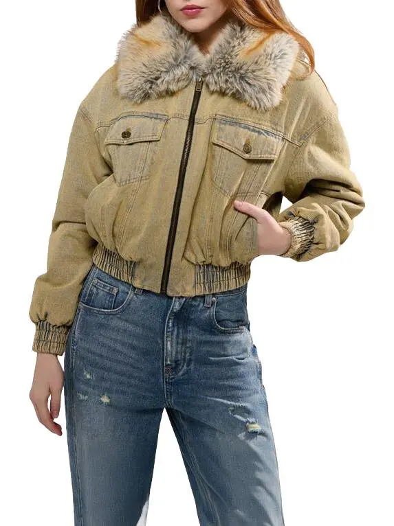 AZALEA WANG Evra Faux Fur Collar Bomber Jacket - Denim