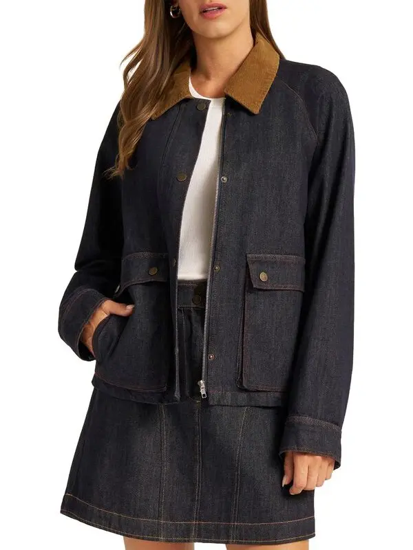 Matty M. Marley Corduroy Collar Denim Jacket - Denim/cognac