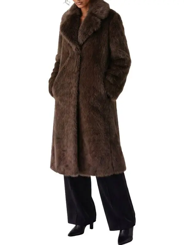 NOIZE Solene Faux Fur Maxi Coat - Coffee