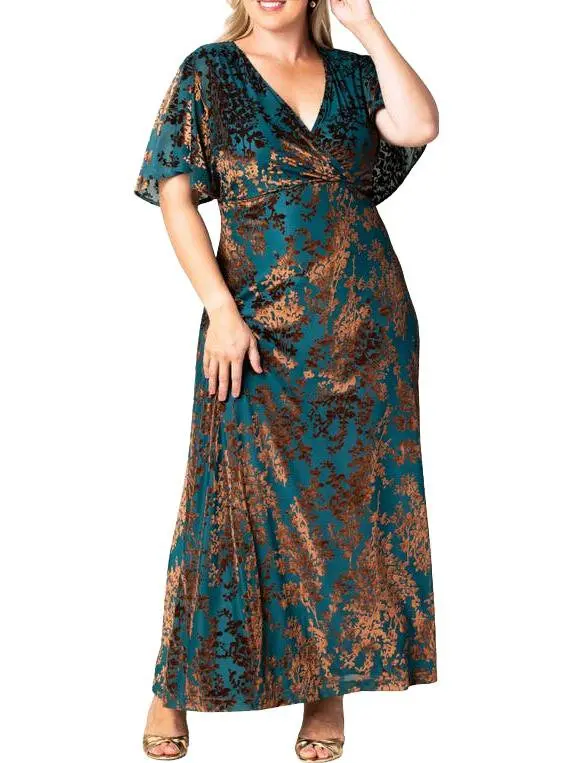 KIYONNA Twilight Velvet Burnout Evening Gown - Teal Burnished Branches