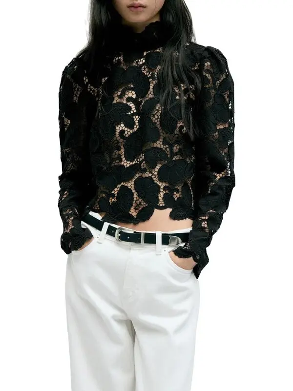 Mango Guipure Lace Long Sleeve Top - Black