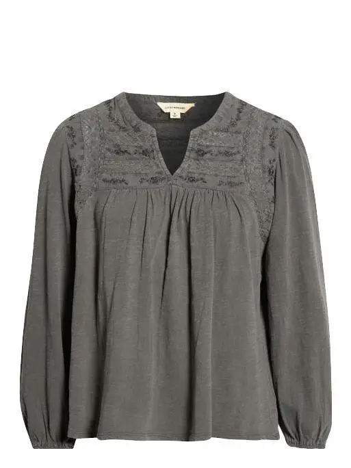 Lucky Brand Mixed Stitch Peasant Top - Gray
