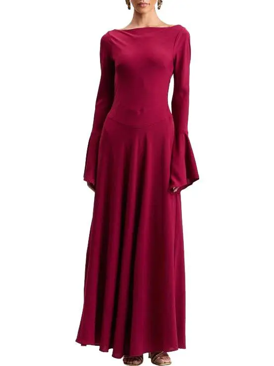 Avec Les Filles Long Sleeve Crepe Maxi Dress - Burgundy