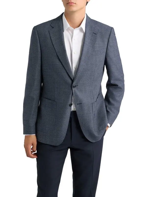 BOSS Hutson Slim Fit Navy Cotton & Wool Herringbone Sport Coat - Dark Blue