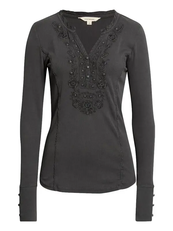 Lucky Brand Floral Appliqué Cotton Henley Top - Raven