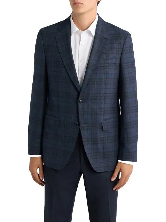 BOSS Hutson Slim Fit Plaid Slub Wool Blend Sport Coat - Navy