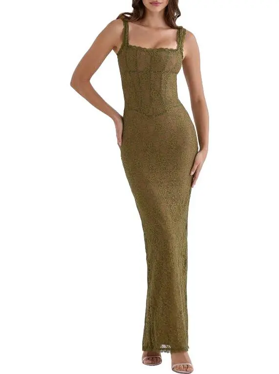 House Of Cb Aureliana Lace Gown - Lime Green