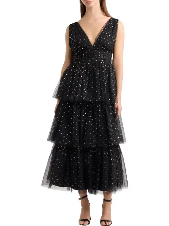 Lulus Sleeveless Foil Tiered Midi Dress - Black/gold/silver