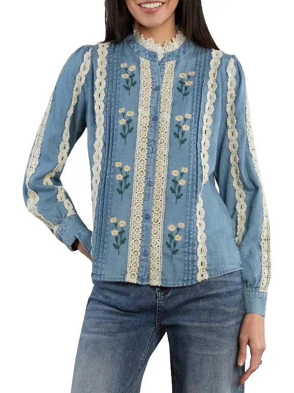 BILLY T Embroidered Lace Pintuck Shirt - Washed Blue