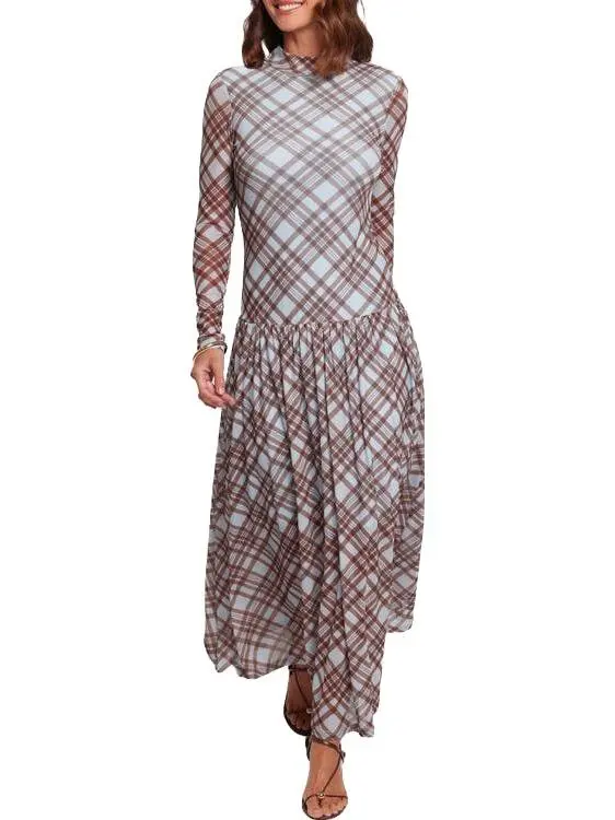 PETAL & PUP Odilia Plaid Long Sleeve Mesh Maxi Dress - Blue Plaid