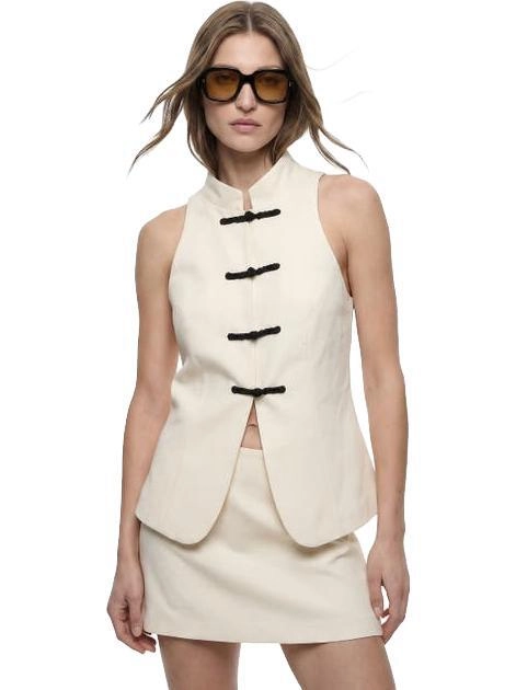 Koton Linen Blend Mandarin Neck Vest With Frog Closure - Beige