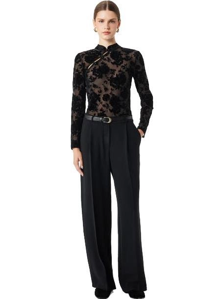 Koton Long Sleeve High Qipao Neck Floral Mesh Top - Black Design
