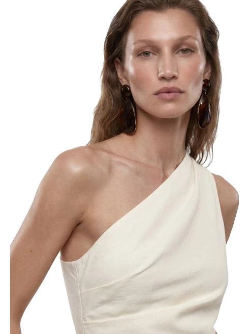 Koton Linen Blend One-shoulder Sleeveless Draped Top - Ecru
