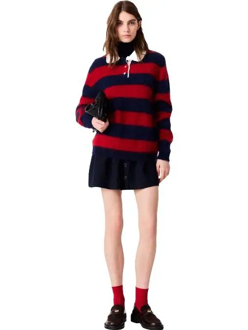Maje Fluffy Sweater With Poplin Collar - Navy/red