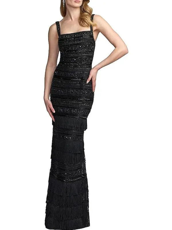 Mac Duggal Geometric Embllished Gown With Fringe - Black