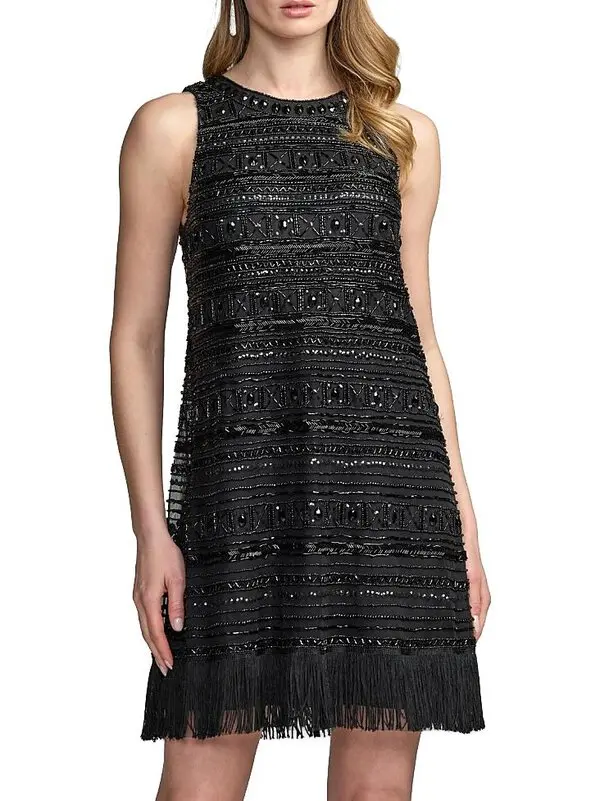 Mac Duggal Embellished Mesh Trapeze Fringe Mini Dress - Black